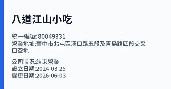 八道江山小吃的照片-統編 80049331(臺中市) 公司登記資料與營業項目詳細圖表