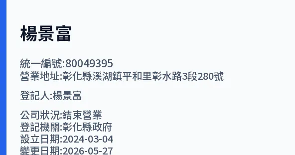 楊景富的照片-統編 80049395(彰化縣) 公司登記資料與營業項目詳細圖表