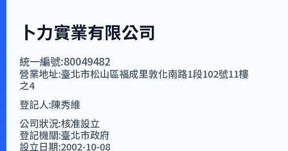卜力實業有限公司的照片-統編 80049482(臺北市) 公司登記資料與營業項目詳細圖表