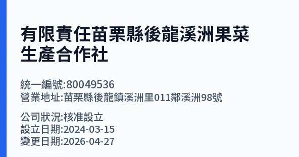 有限責任苗栗縣後龍溪洲果菜生產合作社的照片-統編 80049536(苗栗縣) 公司登記資料與營業項目詳細圖表