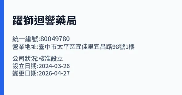 躍獅迴響藥局的照片-統編 80049780(臺中市) 公司登記資料與營業項目詳細圖表