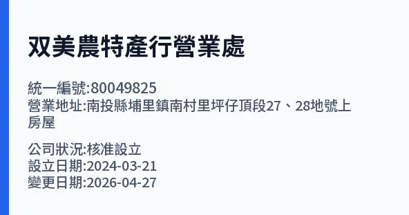 双美農特產行營業處的照片-統編 80049825(南投縣) 公司登記資料與營業項目詳細圖表