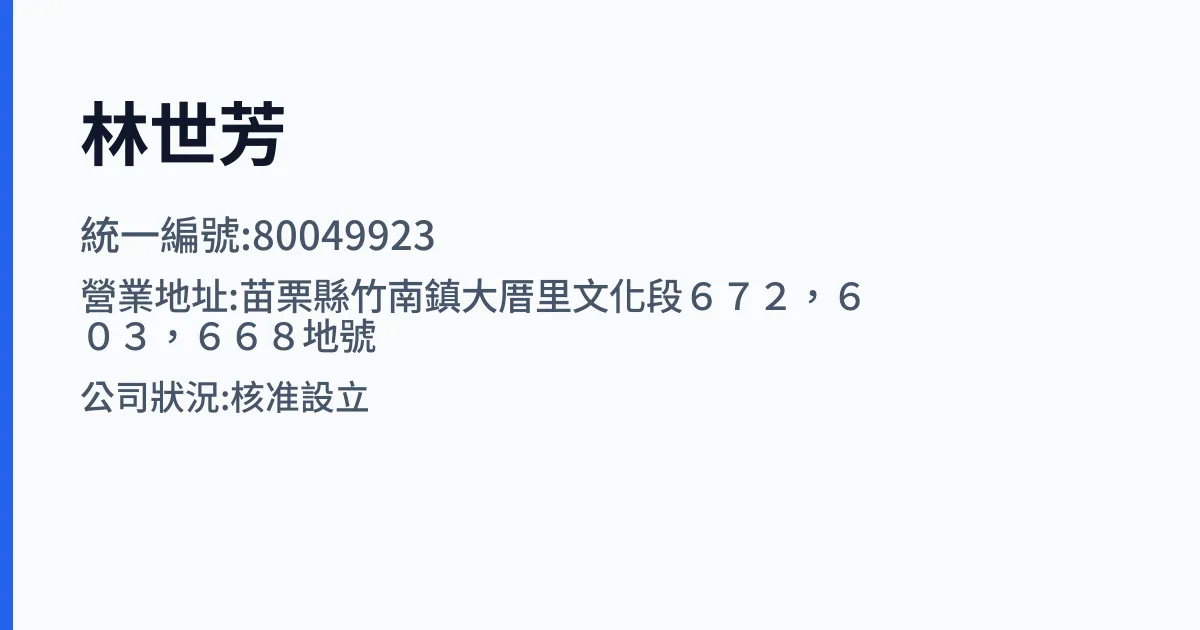 林世芳 - 統編 80049923(苗栗縣) 公司登記資料與營業項目詳細圖表