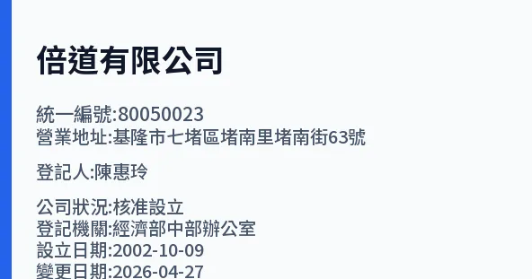 倍道有限公司的照片-統編 80050023(基隆市) 公司登記資料與營業項目詳細圖表