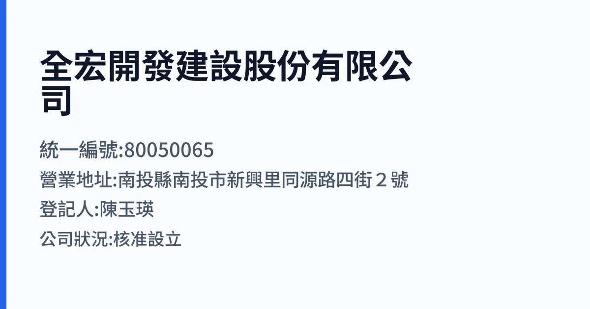 全宏開發建設股份有限公司 - 統編 80050065(南投縣) 公司登記資料與營業項目詳細圖表