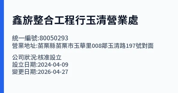 鑫旂整合工程行玉清營業處的照片-統編 80050293(苗栗縣) 公司登記資料與營業項目詳細圖表