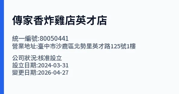 傳家香炸雞店英才店的照片-統編 80050441(臺中市) 公司登記資料與營業項目詳細圖表