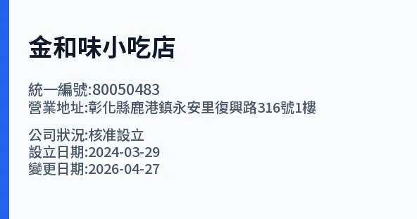金和味小吃店的照片-統編 80050483(彰化縣) 公司登記資料與營業項目詳細圖表