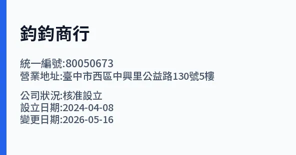 鈞鈞商行的照片-統編 80050673(臺中市) 公司登記資料與營業項目詳細圖表