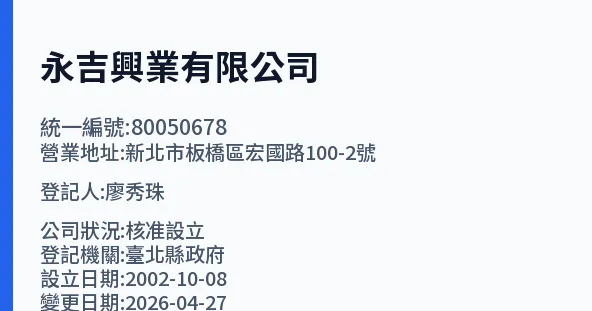 永吉興業有限公司的照片-統編 80050678(新北市) 公司登記資料與營業項目詳細圖表