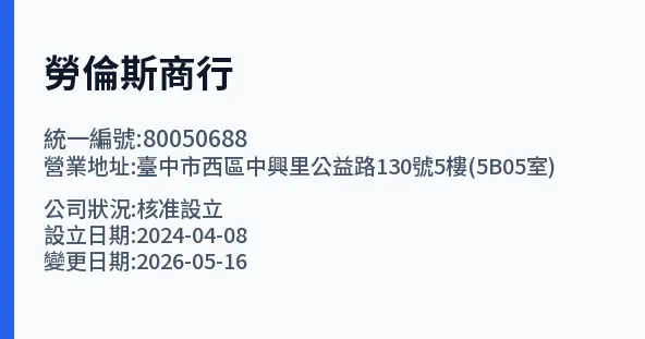 勞倫斯商行的照片-統編 80050688(臺中市) 公司登記資料與營業項目詳細圖表