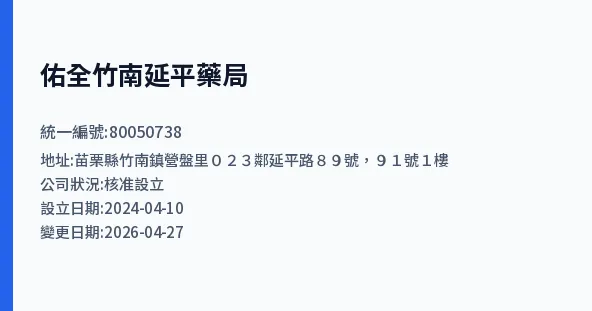 佑全竹南延平藥局的照片-統編 80050738(苗栗縣) 公司登記資料與營業項目詳細圖表