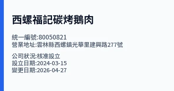 西螺福記碳烤鵝肉的照片-統編 80050821(雲林縣) 公司登記資料與營業項目詳細圖表