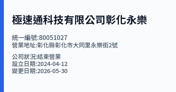 極速通科技有限公司彰化永樂的照片-統編 80051027(彰化縣) 公司登記資料與營業項目詳細圖表