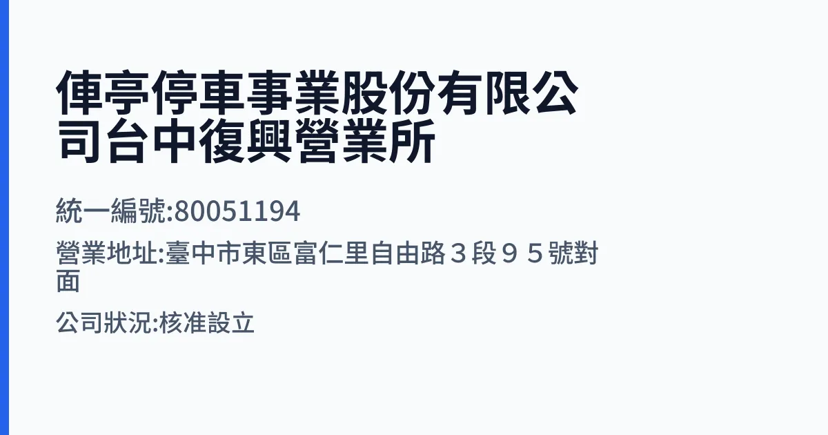 俥亭停車事業股份有限公司台中復興營業所 - 統編 80051194(臺中市) 公司登記資料與營業項目詳細圖表