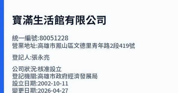 寶滿生活館有限公司的照片-統編 80051228(高雄市) 公司登記資料與營業項目詳細圖表
