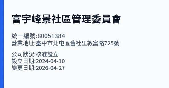 富宇峰景社區管理委員會的照片-統編 80051384(臺中市) 公司登記資料與營業項目詳細圖表