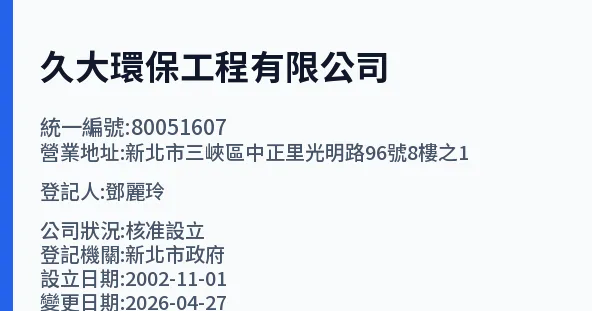 久大環保工程有限公司的照片-統編 80051607(新北市) 公司登記資料與營業項目詳細圖表