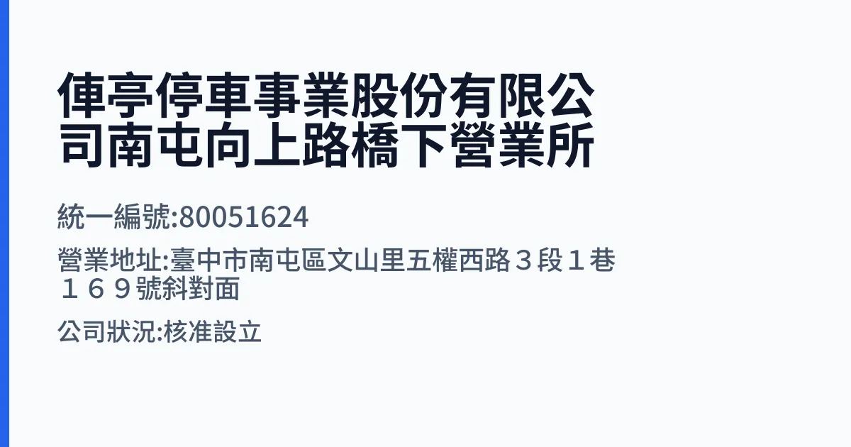 俥亭停車事業股份有限公司南屯向上路橋下營業所 - 統編 80051624（臺中市） 公司登記資料與營業項目詳細圖表