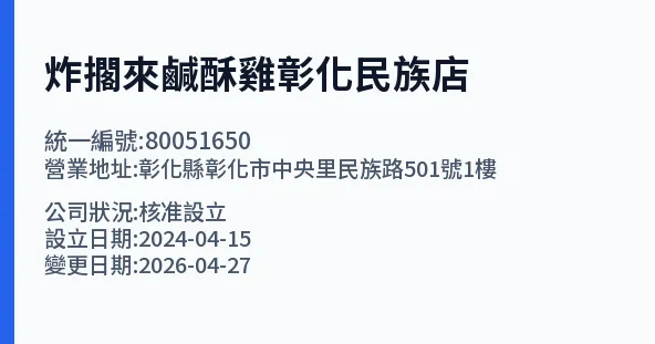 炸擱來鹹酥雞彰化民族店的照片-統編 80051650(彰化縣) 公司登記資料與營業項目詳細圖表