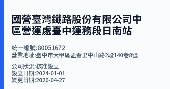 國營臺灣鐵路股份有限公司中區營運處臺中運務段日南站的照片-統編 80051672(臺中市) 公司登記資料與營業項目詳細圖表