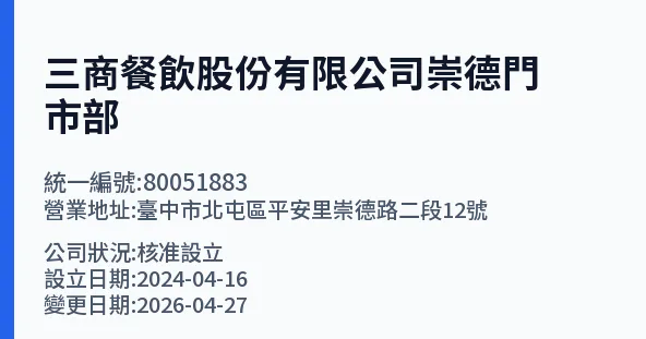 三商餐飲股份有限公司崇德門市部的照片-統編 80051883(臺中市) 公司登記資料與營業項目詳細圖表