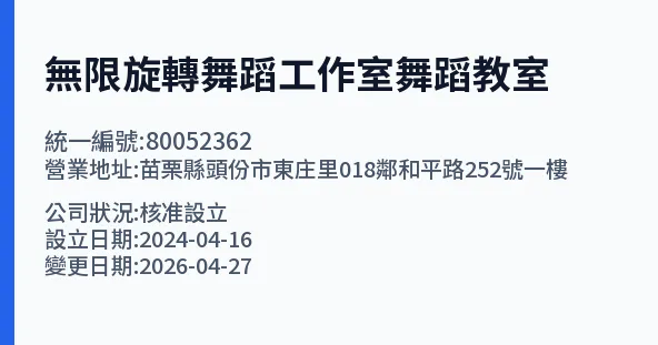 無限旋轉舞蹈工作室舞蹈教室的照片-統編 80052362(苗栗縣) 公司登記資料與營業項目詳細圖表