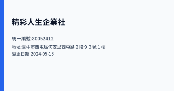 精彩人生企業社的照片-統編 80052412(臺中市) 公司登記資料與營業項目詳細圖表