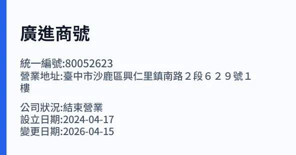廣進商號的照片-統編 80052623(臺中市) 公司登記資料與營業項目詳細圖表
