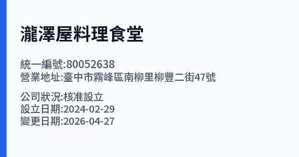 瀧澤屋料理食堂的照片-統編 80052638(臺中市) 公司登記資料與營業項目詳細圖表