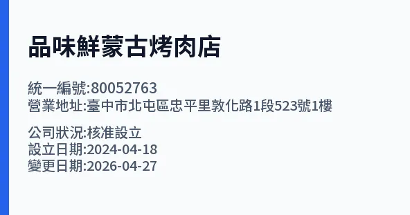品味鮮蒙古烤肉店的照片-統編 80052763(臺中市) 公司登記資料與營業項目詳細圖表