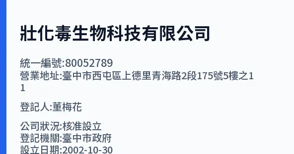 壯化毒生物科技有限公司的照片-統編 80052789(臺中市) 公司登記資料與營業項目詳細圖表