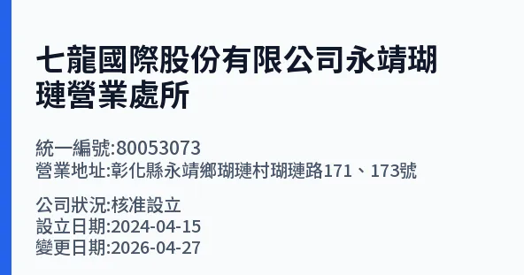 七龍國際股份有限公司永靖瑚璉營業處所的照片-統編 80053073(彰化縣) 公司登記資料與營業項目詳細圖表