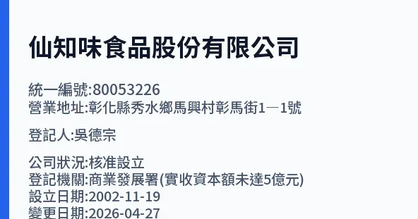 仙知味食品股份有限公司的照片-統編 80053226(彰化縣) 公司登記資料與營業項目詳細圖表