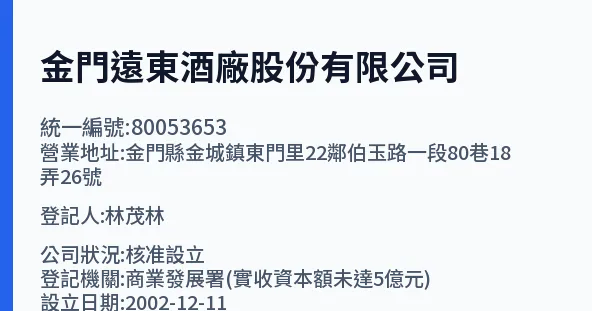 金門遠東酒廠股份有限公司的照片-統編 80053653(金門縣) 公司登記資料與營業項目詳細圖表