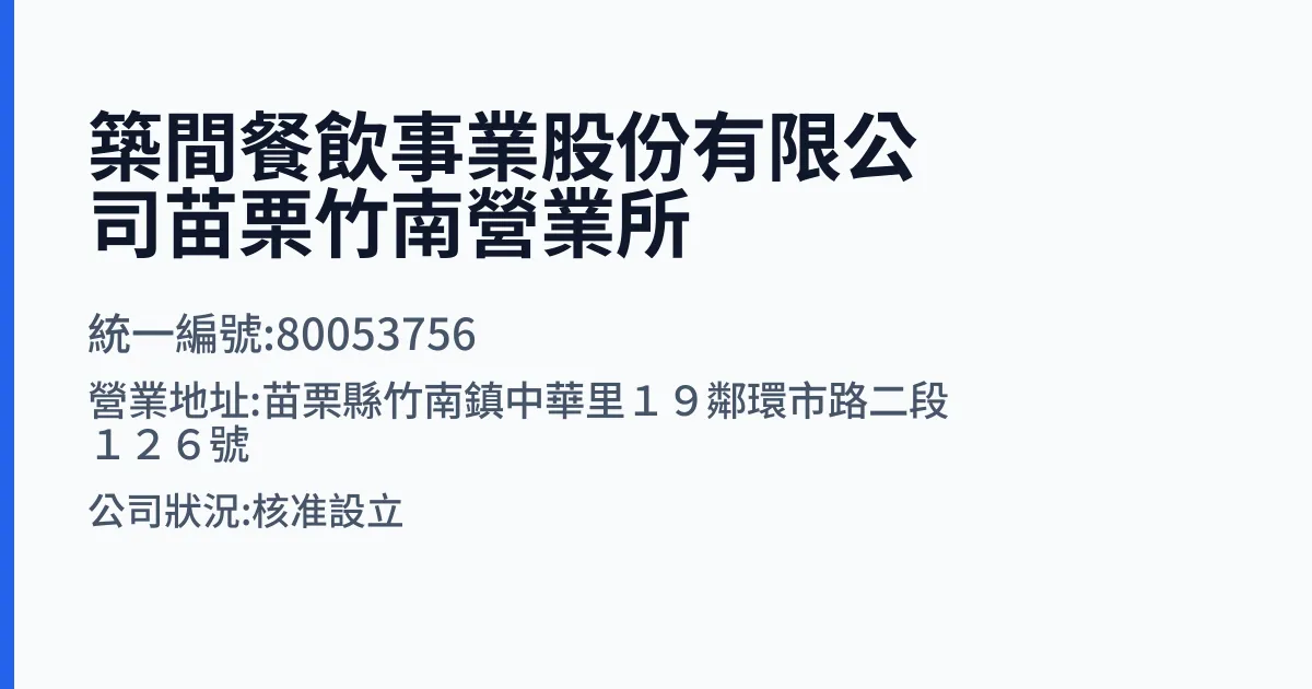 築間餐飲事業股份有限公司苗栗竹南營業所 - 統編 80053756(苗栗縣) 公司登記資料與營業項目詳細圖表