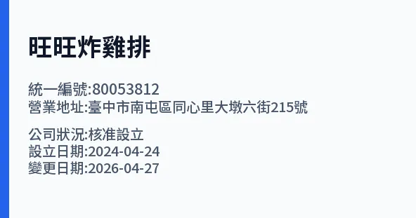 旺旺炸雞排的照片-統編 80053812(臺中市) 公司登記資料與營業項目詳細圖表