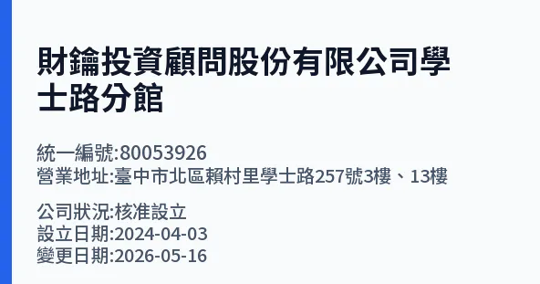 財鑰投資顧問股份有限公司學士路分館的照片-統編 80053926(臺中市) 公司登記資料與營業項目詳細圖表
