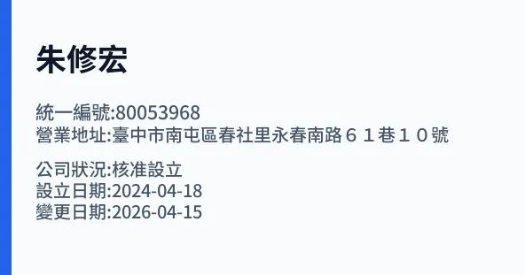 朱修宏的照片-統編 80053968(臺中市) 公司登記資料與營業項目詳細圖表