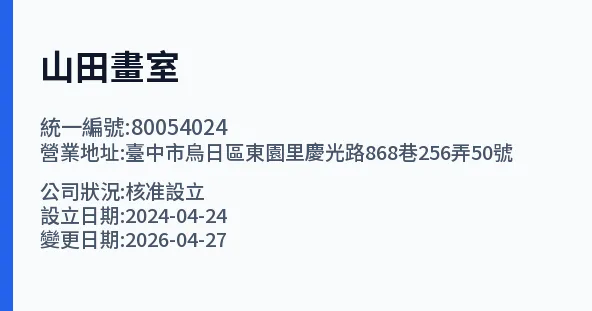 山田畫室的照片-統編 80054024(臺中市) 公司登記資料與營業項目詳細圖表