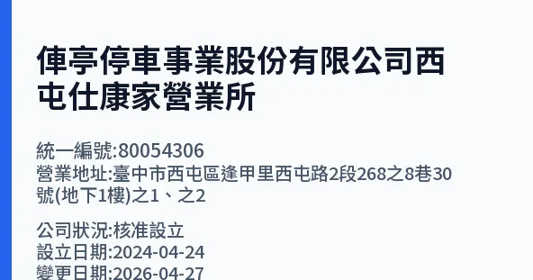 俥亭停車事業股份有限公司西屯仕康家營業所的照片-統編 80054306(臺中市) 公司登記資料與營業項目詳細圖表