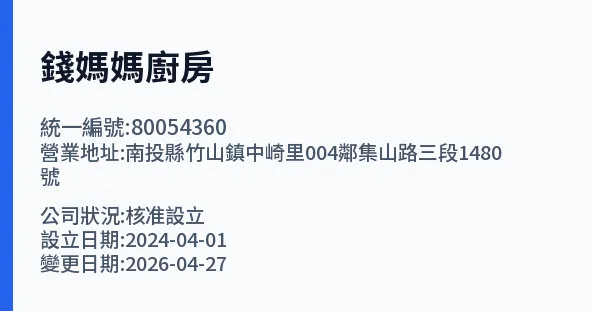 錢媽媽廚房的照片-統編 80054360(南投縣) 公司登記資料與營業項目詳細圖表