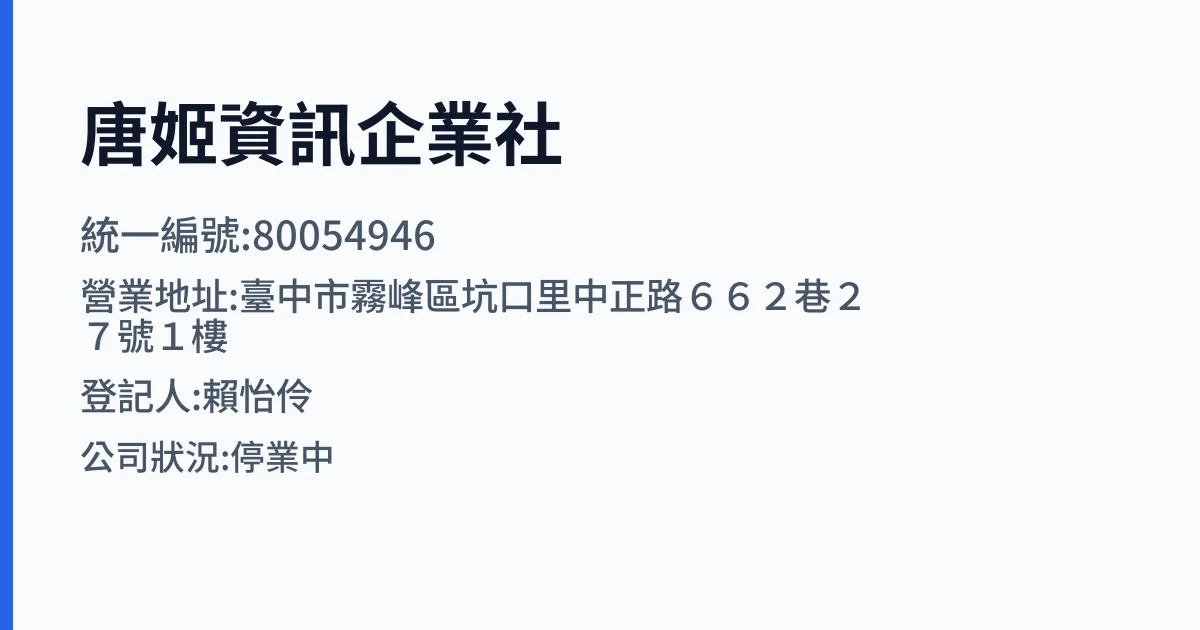 唐姬資訊企業社 - 統編 80054946(臺中市) 公司登記資料與營業項目詳細圖表