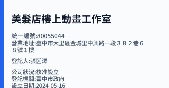 美髮店樓上動畫工作室的照片-統編 80055044(臺中市) 公司登記資料與營業項目詳細圖表