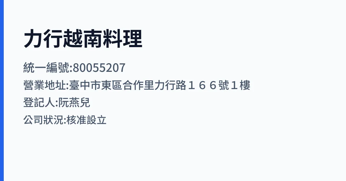 力行越南料理 - 統編 80055207(臺中市) 公司登記資料與營業項目詳細圖表