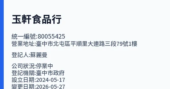 玉軒食品行的照片-統編 80055425(臺中市) 公司登記資料與營業項目詳細圖表