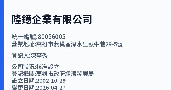 隆鐿企業有限公司的照片-統編 80056005(高雄市) 公司登記資料與營業項目詳細圖表