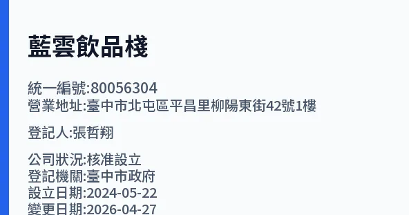 藍雲飲品棧的照片-統編 80056304(臺中市) 公司登記資料與營業項目詳細圖表