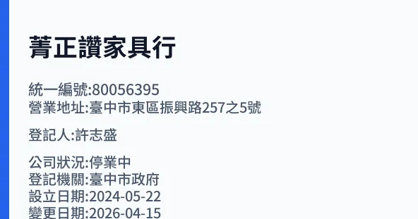 菁正讚家具行的照片-統編 80056395(臺中市) 公司登記資料與營業項目詳細圖表
