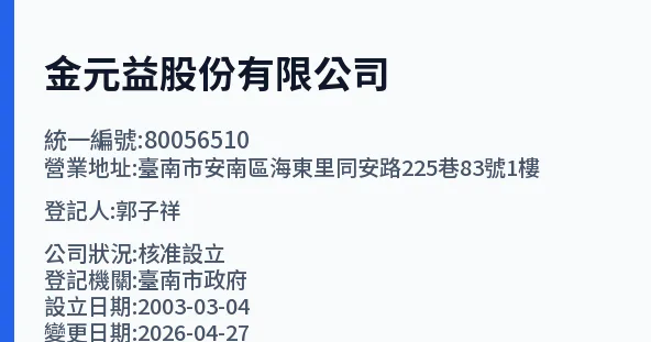 金元益股份有限公司的照片-統編 80056510(臺南市) 公司登記資料與營業項目詳細圖表